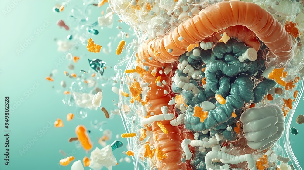 Anatomical Cutaway Diagram of Microplastics in the Human Digestive ...