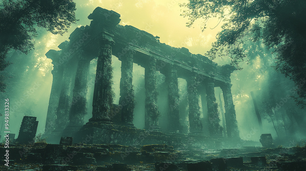 Ancient ruins shrouded in mist, surrounded by lush greenery, creating a ...
