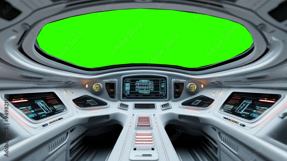 Futuristic spaceship cockpit pilot view with green screen for ...