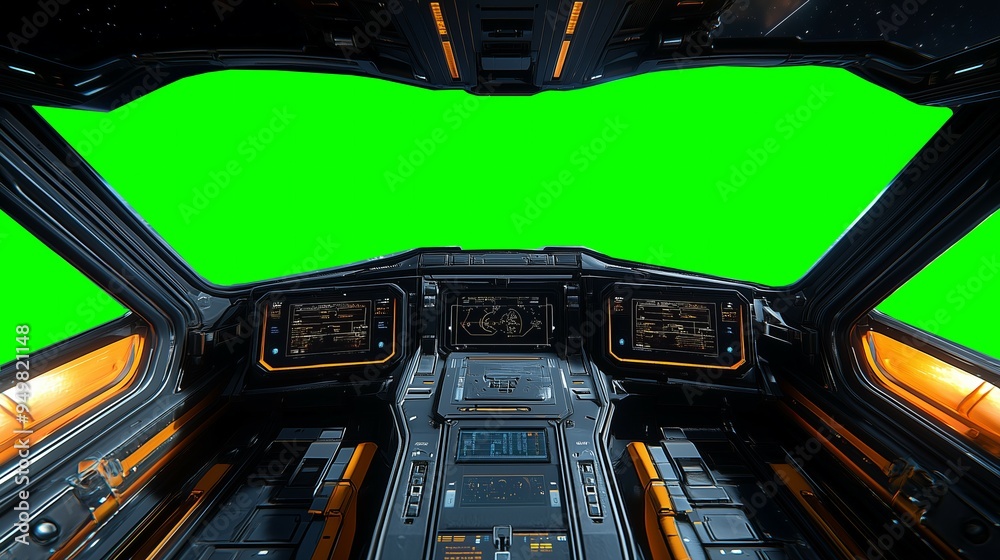 Futuristic spaceship cockpit pilot view with green screen for ...