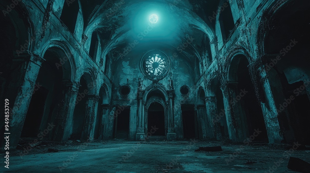 Abandoned castle interior, dark medieval palace with ghost, Halloween ...