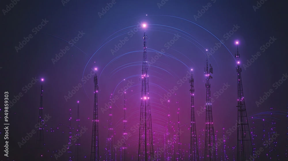 Signal distribution from telecommunication cell towers, with radiating ...