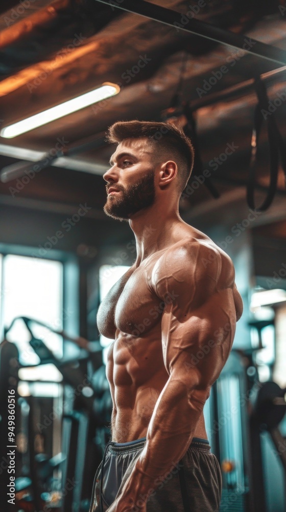 A serious, muscular man with a beard poses shirtless in a gym, showing ...