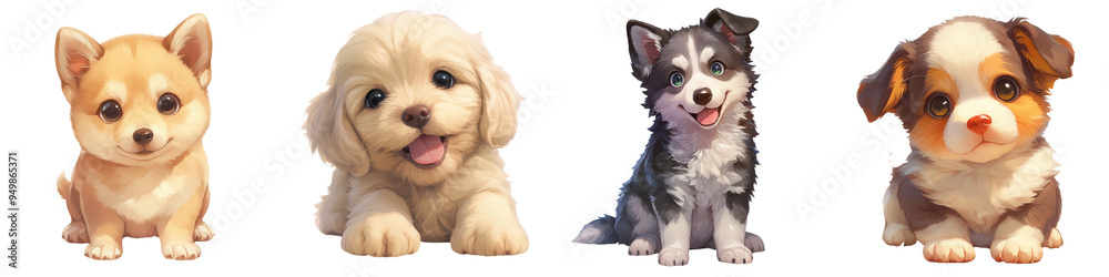 Four cute puppies of different breeds sitting side by side, each with ...