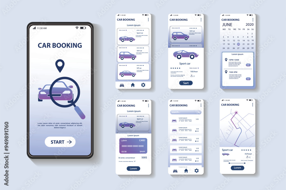 Car booking app concept in flat design. A collection of mobile app UI ...