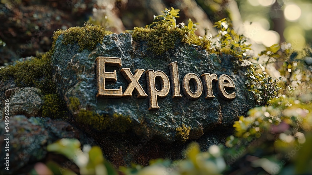 The word "Explore" carved into a 3D rock formation, with moss and vines ...