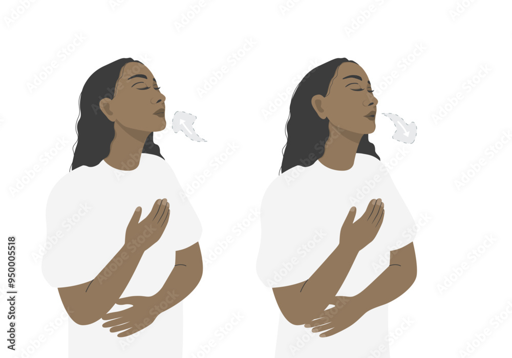 Woman standing and do breathing exercise for two part of breath in and ...