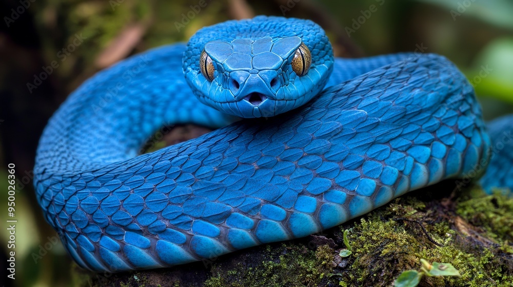 A blue viper snake, scientifically known as Trimeresurus insularis, is ...