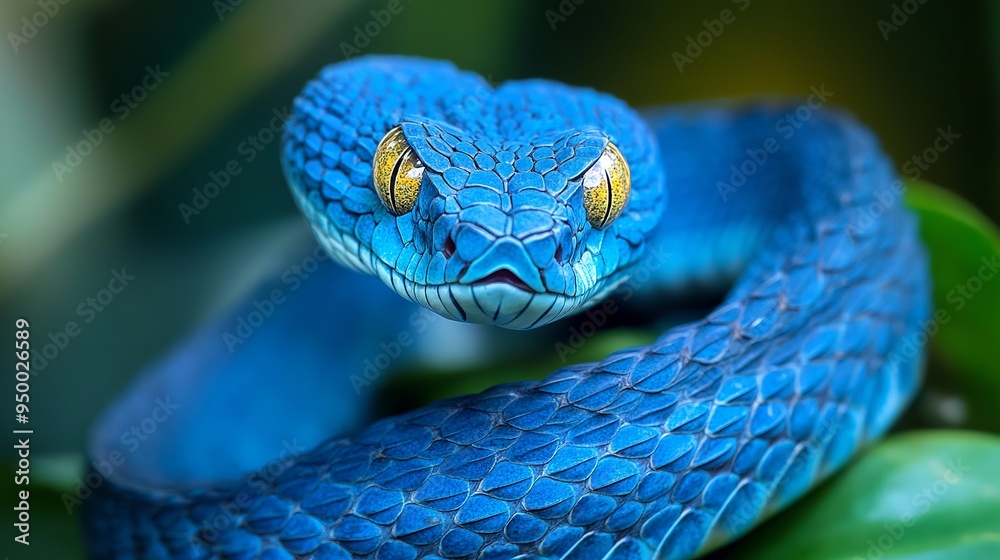 A blue viper snake, scientifically known as Trimeresurus insularis, is ...
