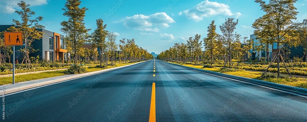 Newly paved asphalt road through a bustling urban area, lined with ...