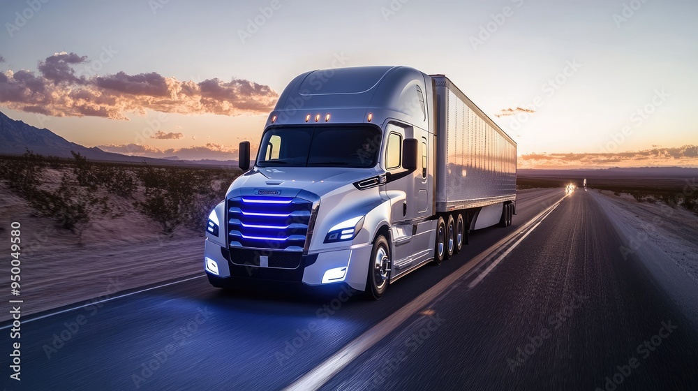 New semi-truck in motion, front view against the backdrop of Nevada's ...