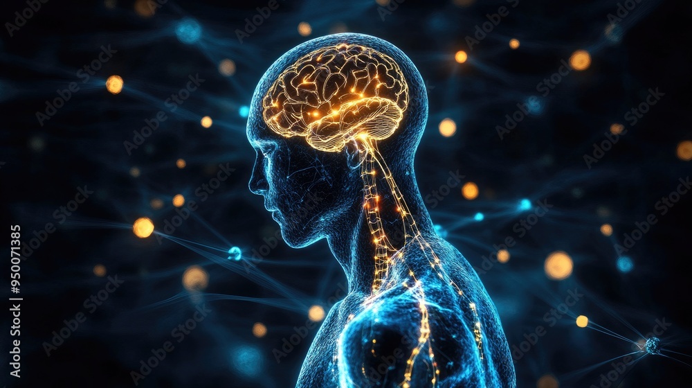 Nervous system, brain and spinal cord highlighted, intricate neuron ...