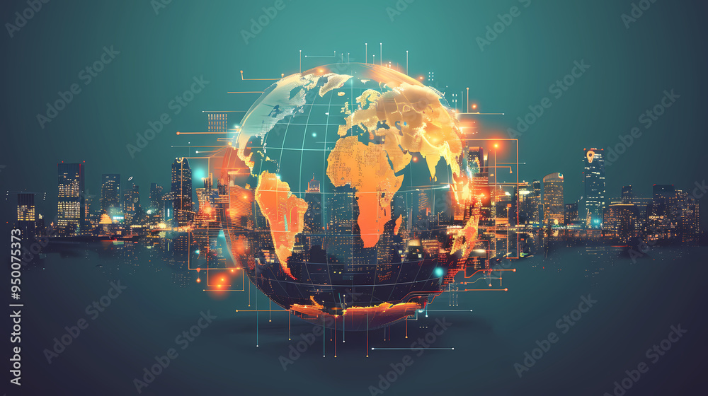 2d illustration world map abstract background.Global network connection ...