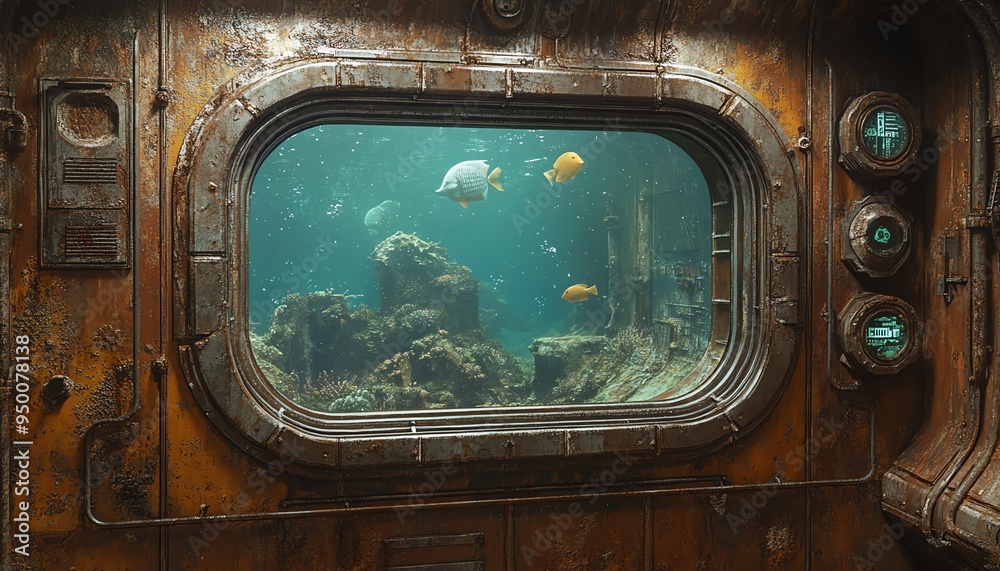 Futuristic cyberpunk submarine interior with marine life visible ...