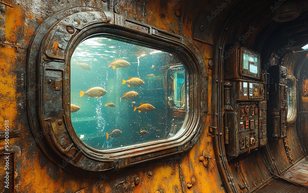 Rusty metal submarine interior with a cyberpunk aesthetic, showcasing ...
