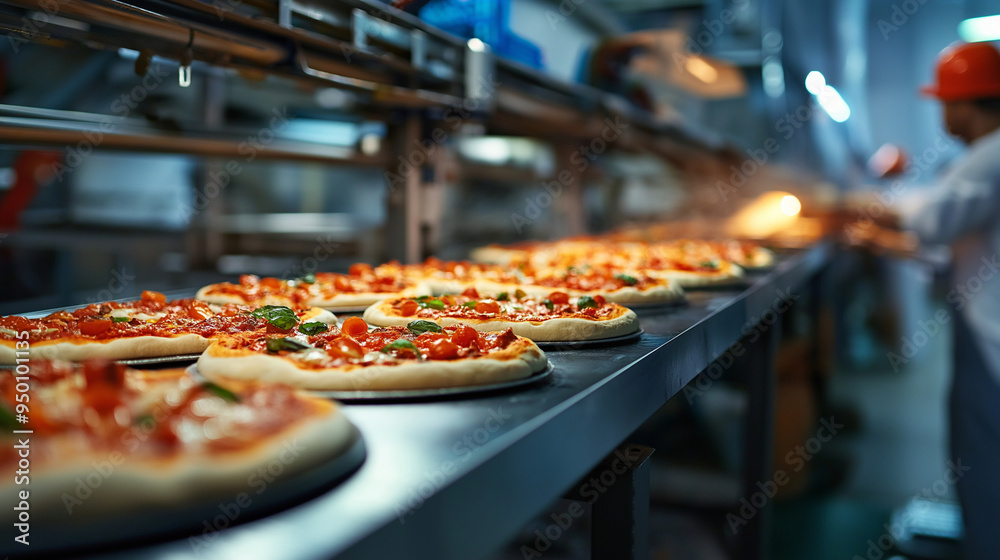High-efficiency factory producing frozen foods like pizzas, where dough ...