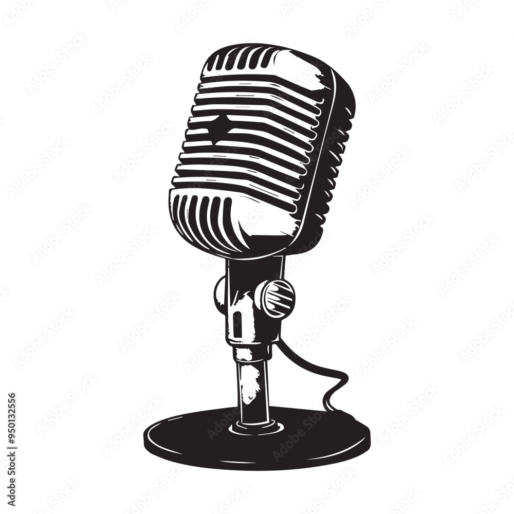 Hand-Drawn Vintage Microphone Vector Illustration in Black and White ...