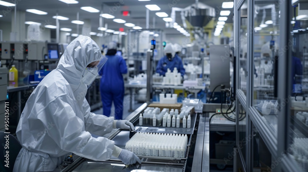 Workers on a pharmaceutical production line Stock Illustration | Adobe ...