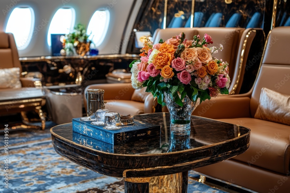 The image showcases a luxurious private jet lounge area with opulent ...