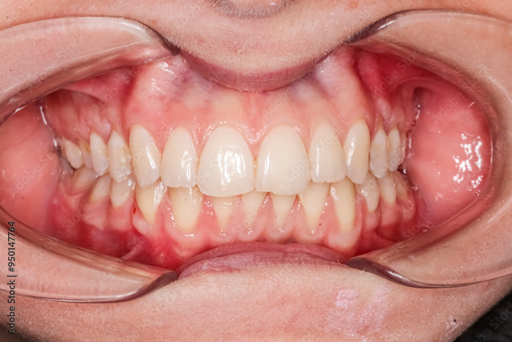Frontal view close-up of dental maxillary and mandibular arches in ...