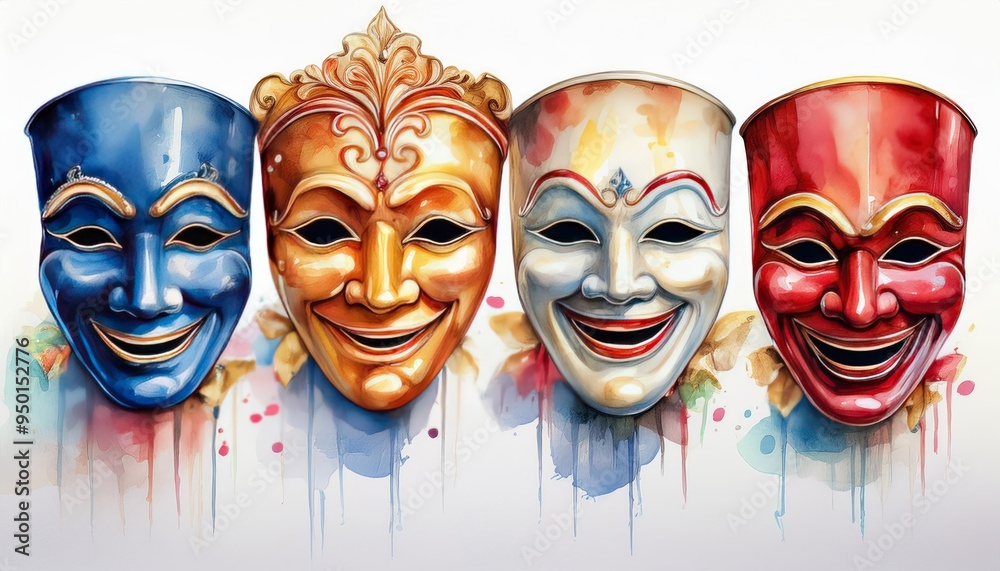 Colorful theatrical masks representing joy, sadness, and drama, perfect ...