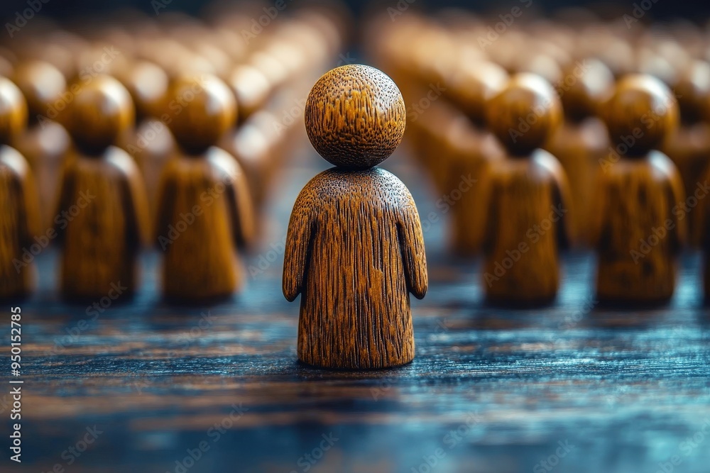 Foto de Stock Standing Out: A single wooden figure stands tall and ...