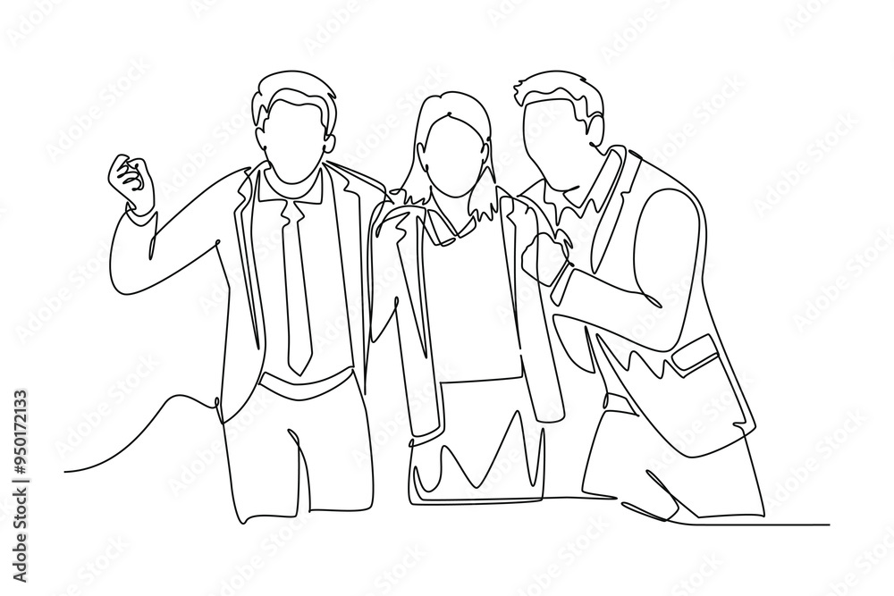 Single continuous line drawing young happy male and female manager ...