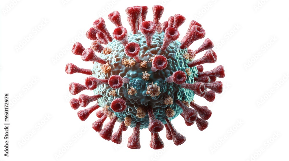 Produce a frontal view image of a magnified Influenza Flu, virus ...