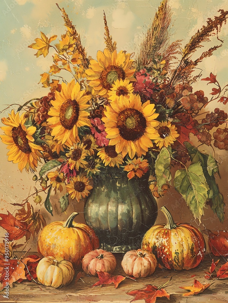 Autumn floral arrangement with sunflowers, pumpkins, and fall foliage ...