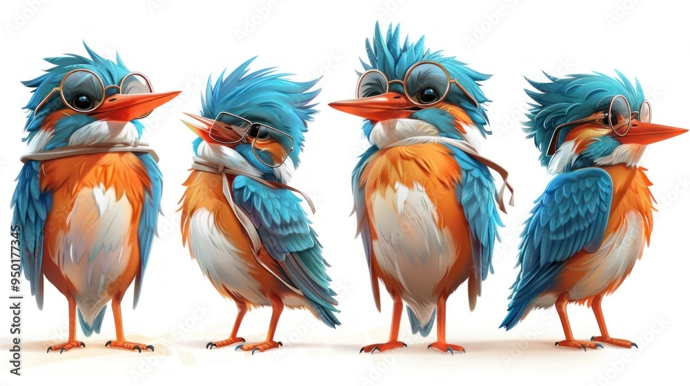 Four cartoon-style birds with vibrant colors and glasses, showcasing ...