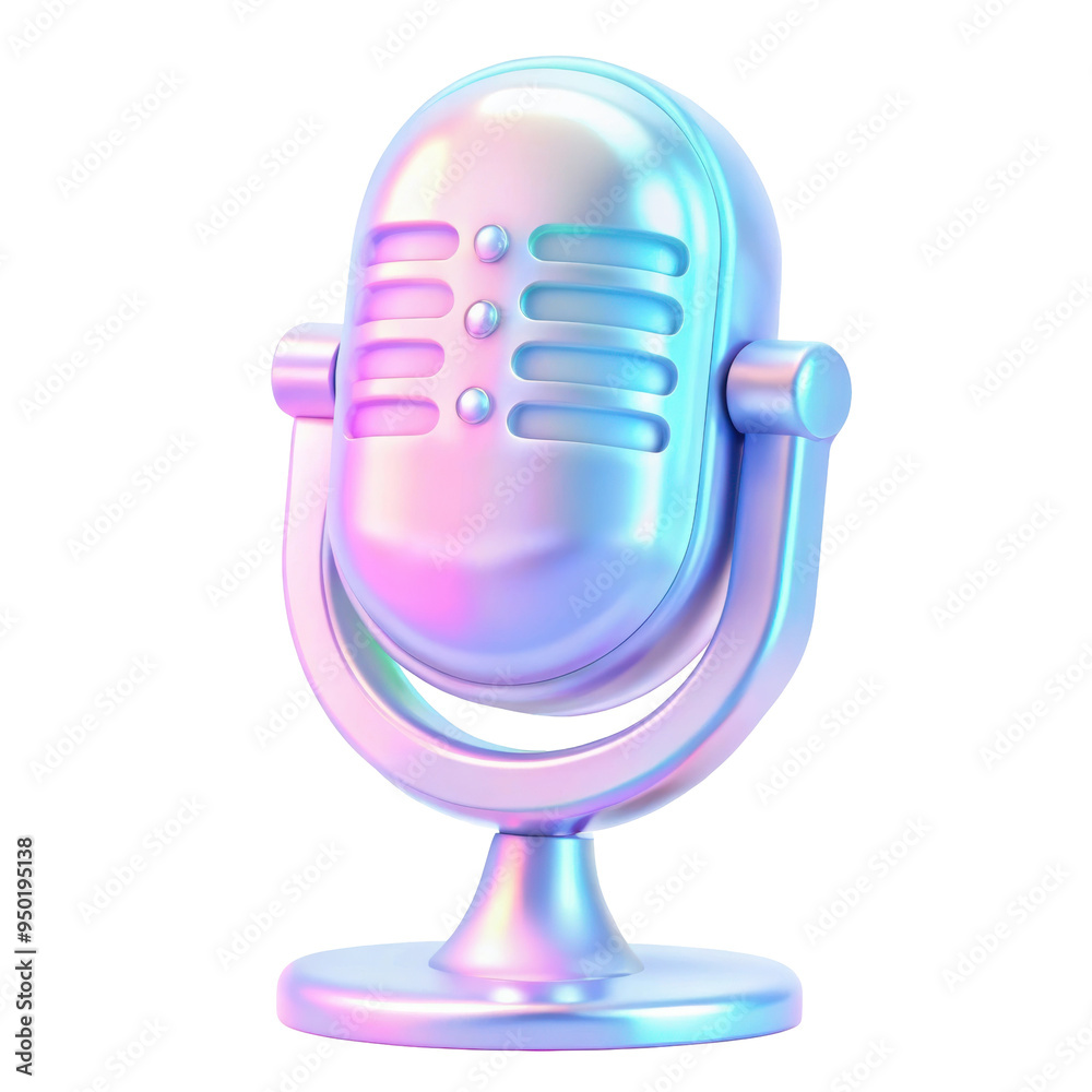 Retro-style holographic 3D microphone icon with a striking iridescent ...