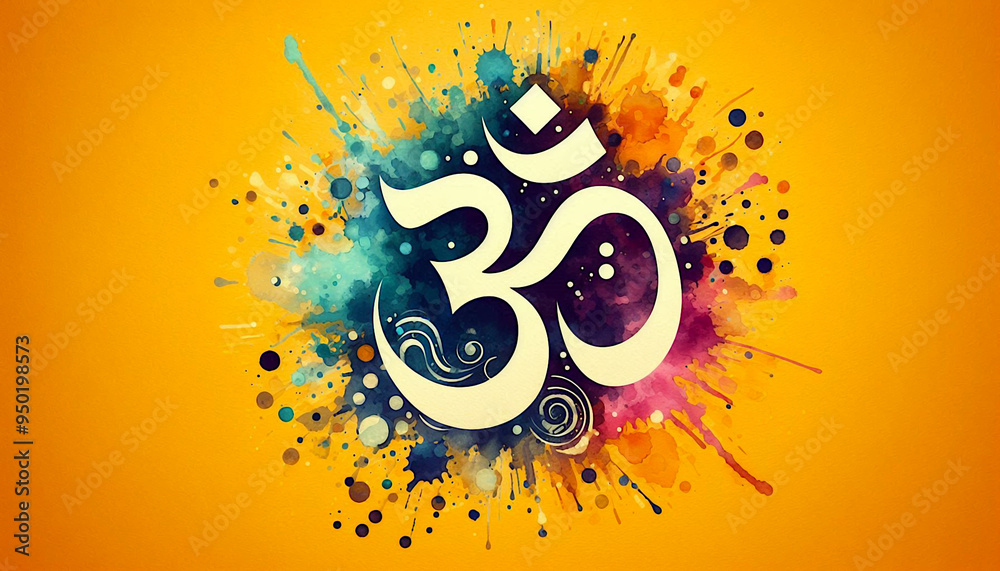 Indian Hinduism religious color splash design symbol golden text Om,aum ...