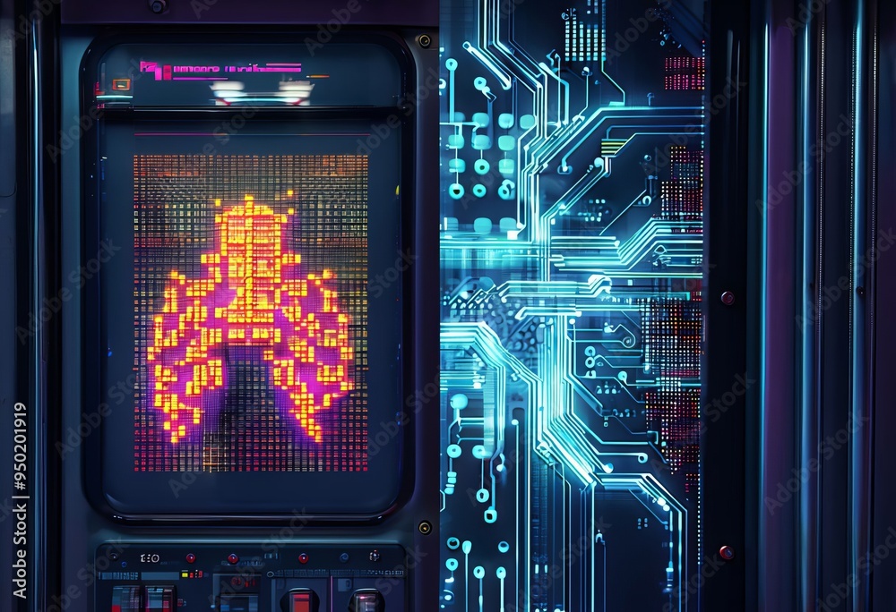 neon node enlarged pixel art node on a trams control panel morph Stock ...