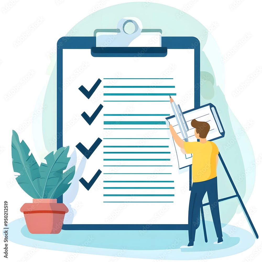 Checklist Completion: A man diligently checks off tasks on a large ...