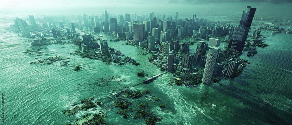 Coastal cities inundated by rising sea levels with flooded streets ...