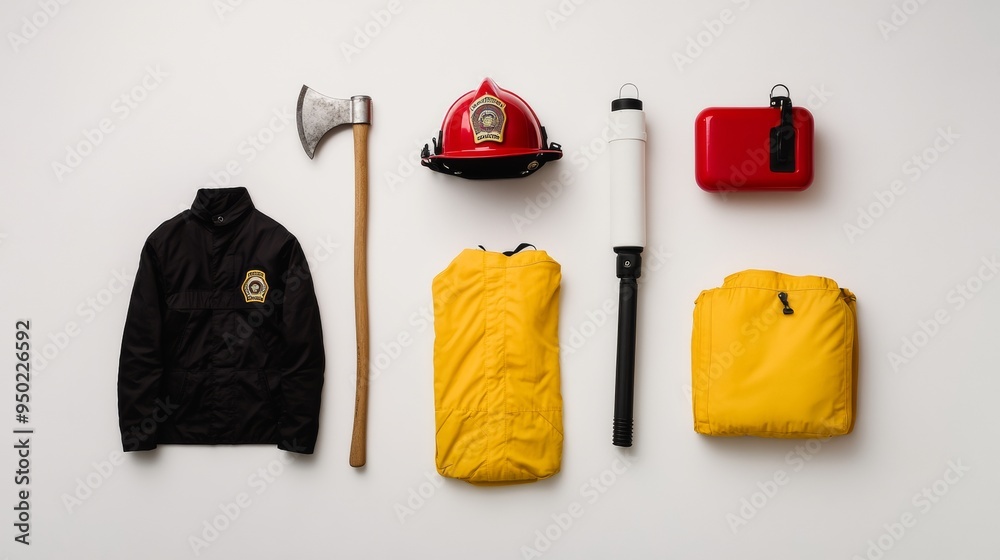 Minimalist Emergency Setup Firemans Helmet, Firefighter Jacket, Axe ...