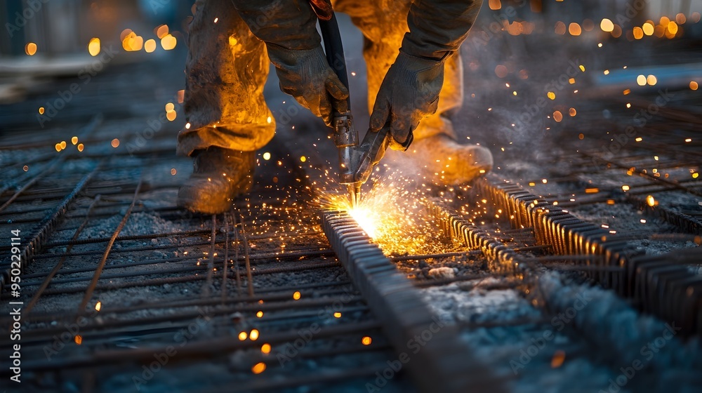 Construction worker in hard hat and uniform welding steel ...