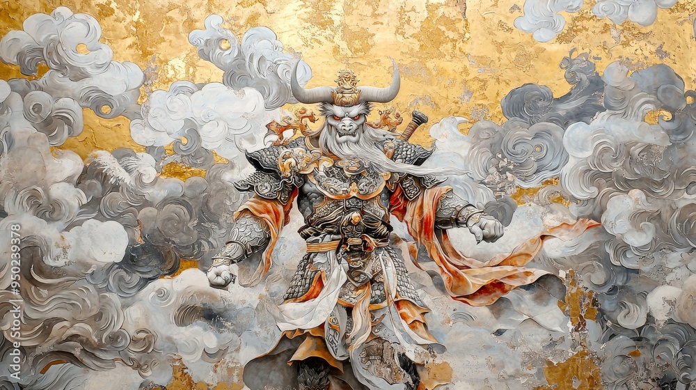 Stucco mural depicting the Bull Demon King standing on a golden ...