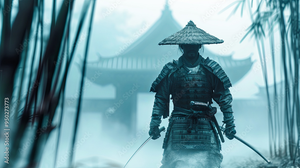 Samurai Warrior in Traditional Armor With Katana Swords in Misty Bamboo ...