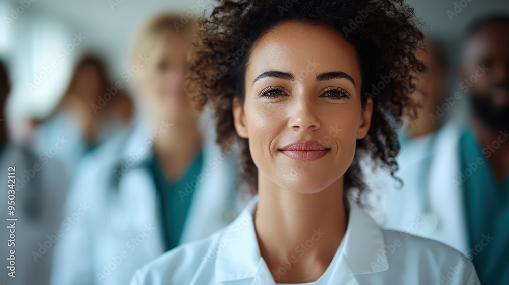 Confident female doctor leading a group of medical professionals ...