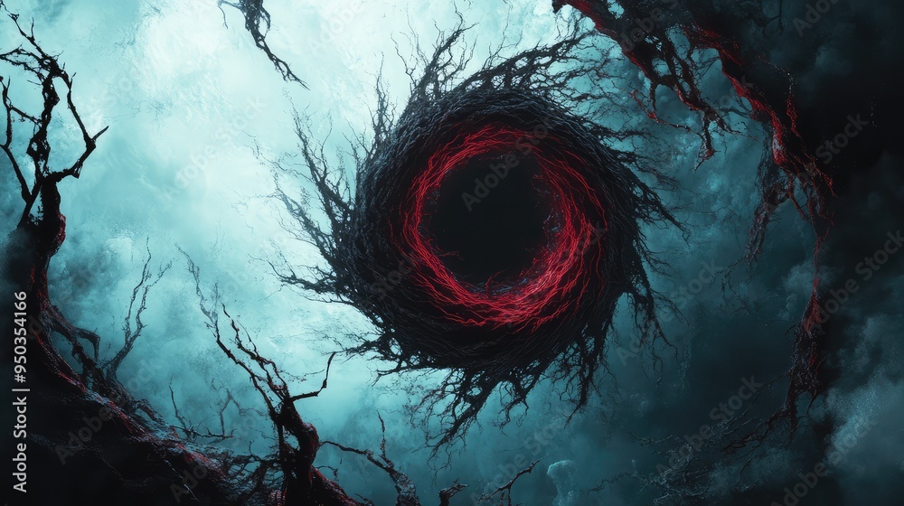 Ominous black vortex with red cracks and dark tendrils reaching out ...