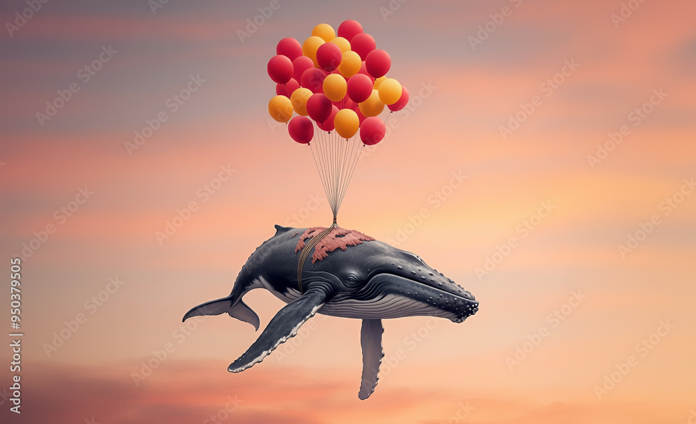 Whale flying with balloons, floating in the sky, cute and funny ...
