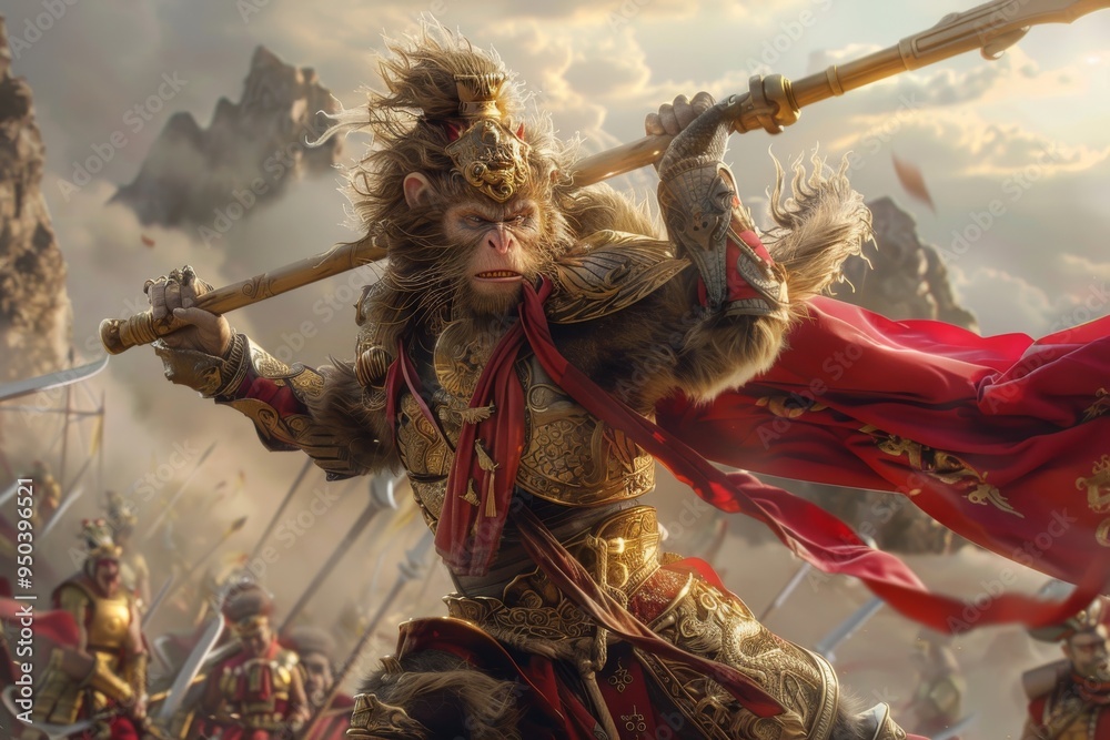 Sun Wukong, the Monkey King, leading an army of mythical creatures with ...