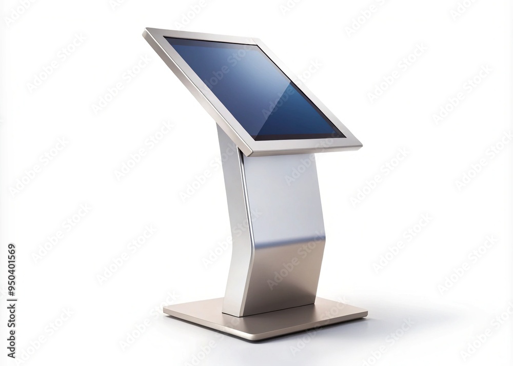 Modern touchscreen kiosk standing alone on a white background with sleek design and blank screen ...