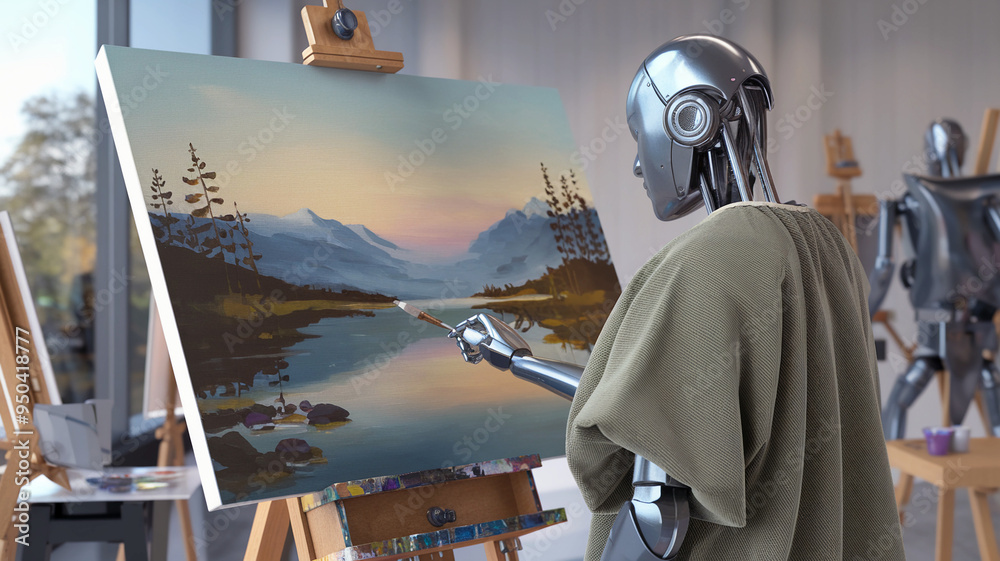 Artificial Intelligence painter Artistic Cyborg create art in art room ...