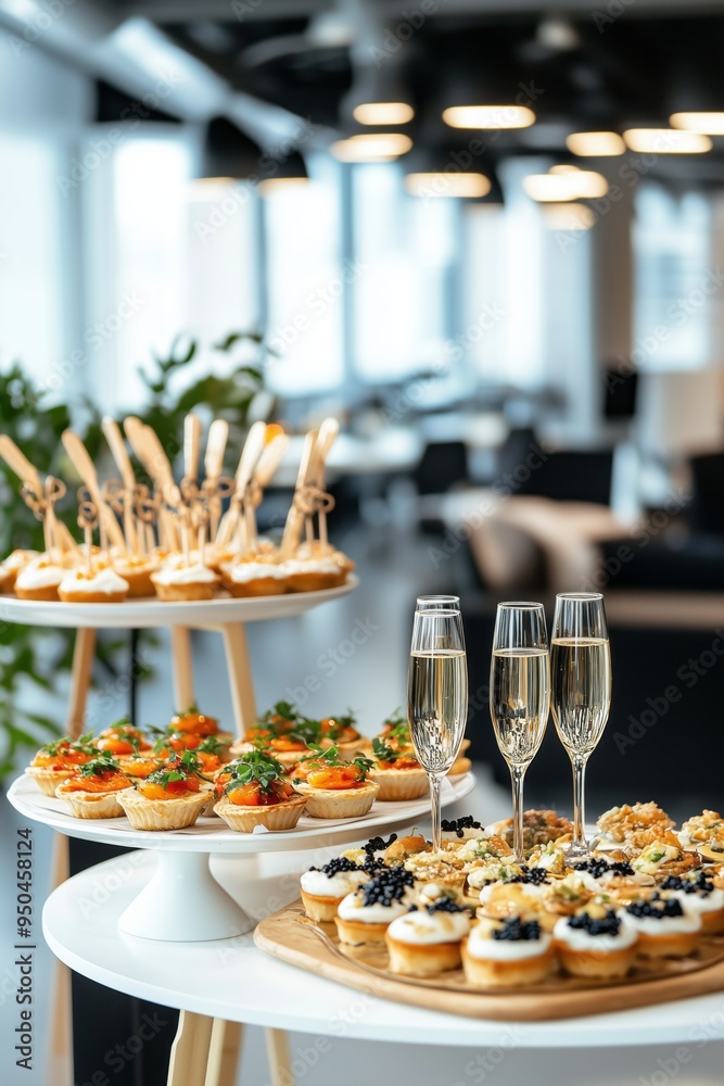 Catering setup in a modern office interior with tables featuring ...