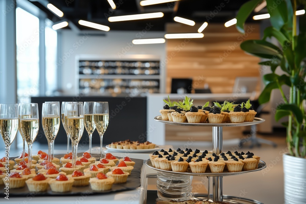 Catering setup in a modern office interior with tables featuring ...