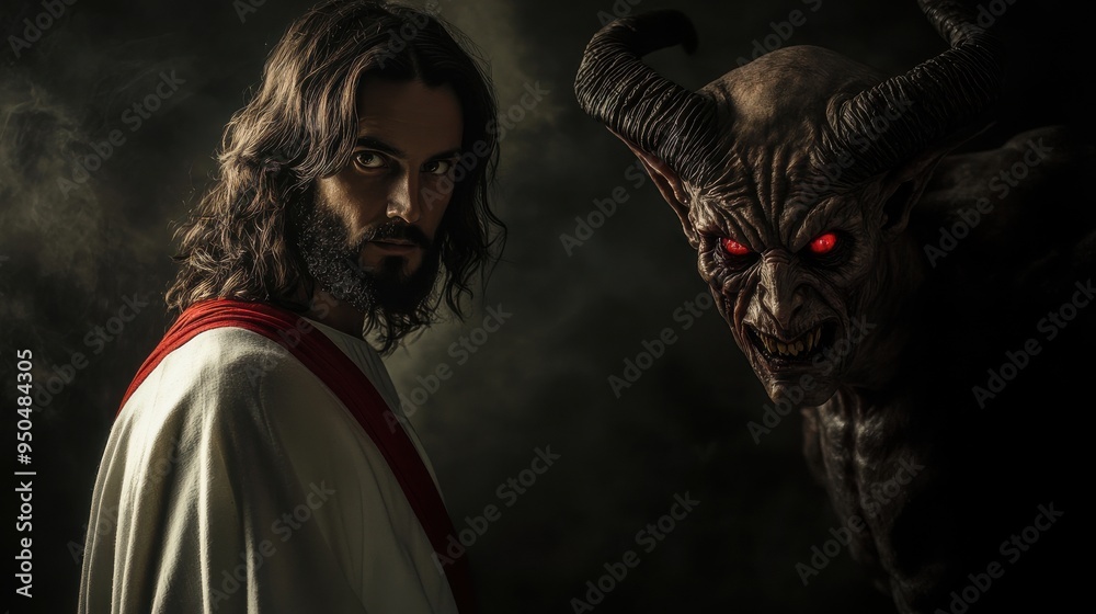 A powerful and intense scene depicting Jesus and Satan confronting each ...