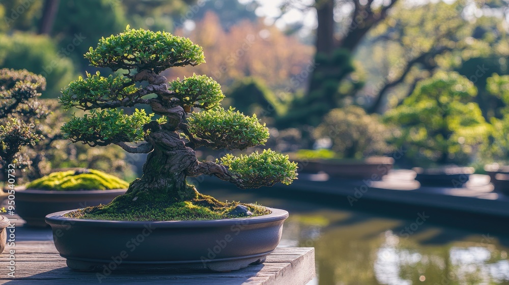 Elegant bonsai trees in different stages, set in a luxurious garden ...