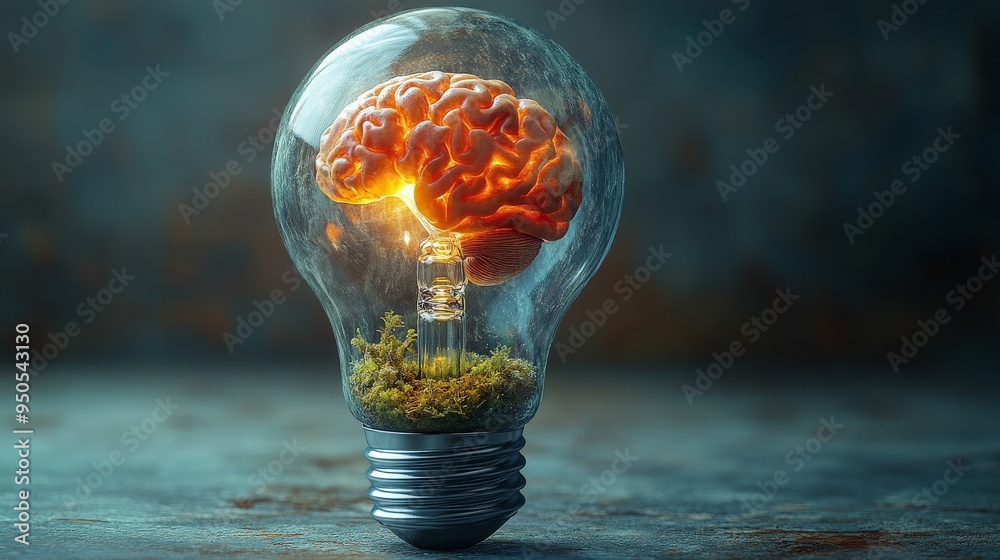 Brain in a Lightbulb: A surreal and thought-provoking image of a human brain glowing inside a ...